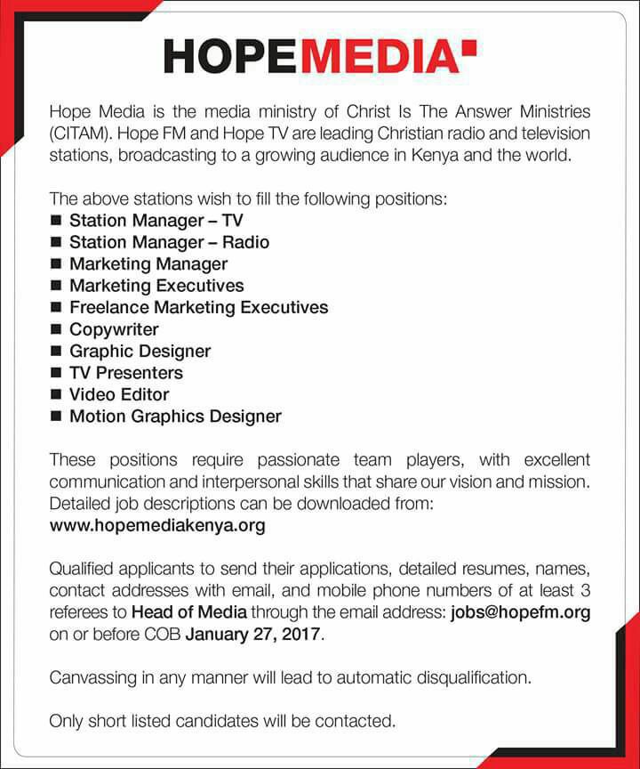 Vacancies at Hope Media - Career Associated